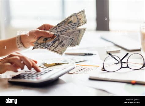 Close Up Young Business Woman Using Counting Cash Money One Hundred Dollar Bills Checking