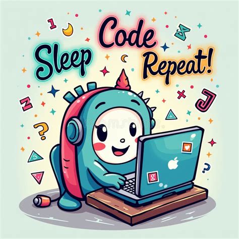 Kawaii Laptop Character Coding Sleep Repeat T Shirt Design Stock Illustration Illustration Of