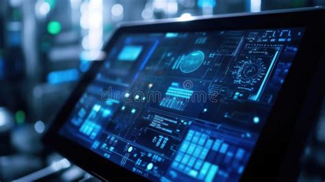 Futuristic Control Panel Monitoring Production Process In High Tech Manufacturing Plant Stock