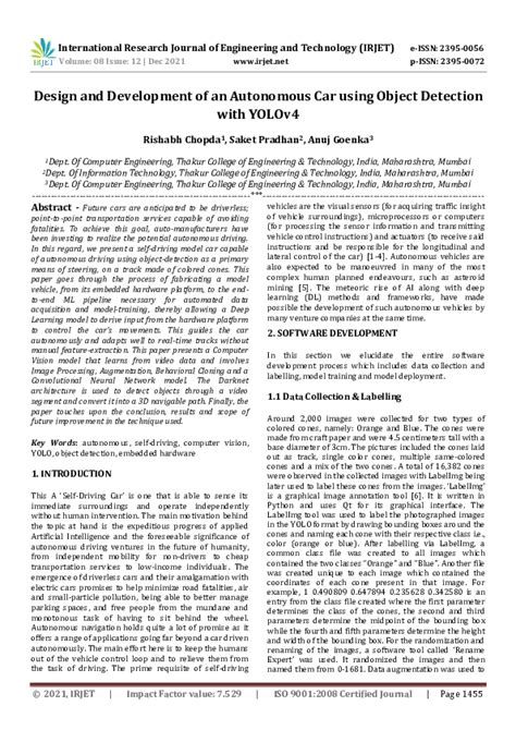 Pdf Irjet Design And Development Of An Autonomous Car Using Object Detection With Yolov4