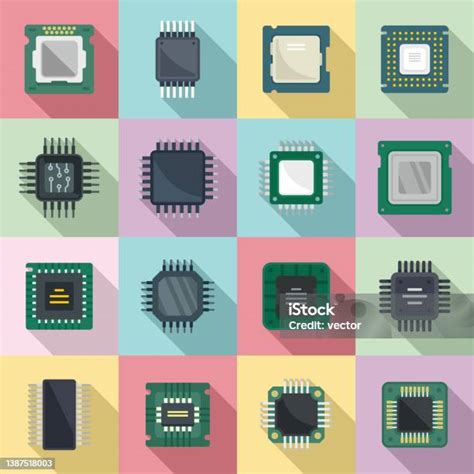 Processor Icons Set Flat Vector Central Computer Card Stock Illustration Download Image Now