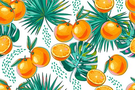 오렌지 과일 몬스테라 잎 야자수 이음매 없는 패턴 흰색에 과일과 나뭇잎이 있는 여름 배경 밝은 트로피컬 프린트 전체 과일과 반쪽 만화 벡터 그림 오렌지 감귤류 과일에 대한