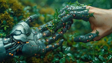 Hands Of A Man With A Robotic Arm In The Forest Future Eco Concept Stock Illustration