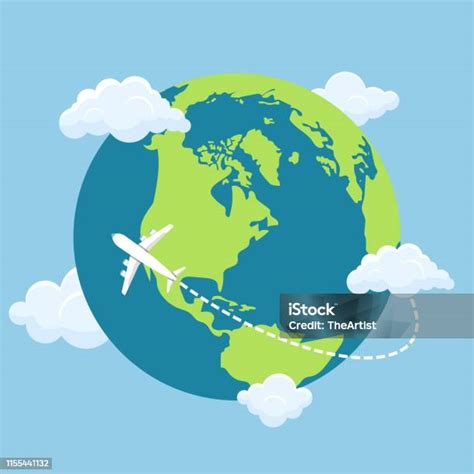 비행기 비행 주위에 세계 벡터 디자인 일러스트 지구본에 대한 스톡 벡터 아트 및 기타 이미지 지구본 행성 여행 주제