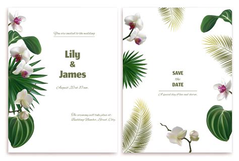 열 대 꽃 청첩장 흰 난초 흰색 배경에 아름 다운 꽃 무늬입니다 엽서 녹색 야자수 잎 열대 기후에 대한 스톡 벡터 아트 및 기타 이미지 Istock