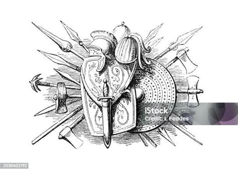 로마의 고대 또는 역사적 상징 로마의 무기 수집품 역사적 상징의 프레임입니다 손으로 그린 새겨진 빈티지 그림입니다 역사적인 로마 엠블라메 18세기에 대한 스톡 벡터 아트 및