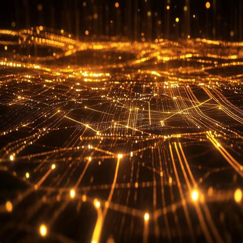 Abstract Golden Network Connection Digital Data Flow Illuminated Lines And Nodes Stock