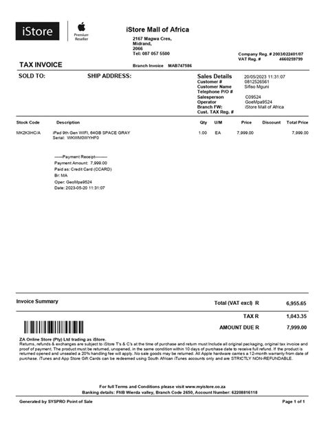 Istore Tax Invoice For Ipad Purchase Pdf Receipt Payments