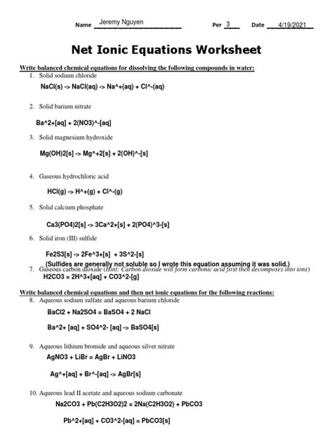 Net Ionic Equations Worksheet Name Per Date Pdf Sodium
