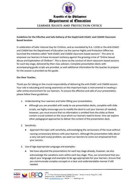 Session Guidelines Anti Osaec And Csaem Classroom Session Pdf