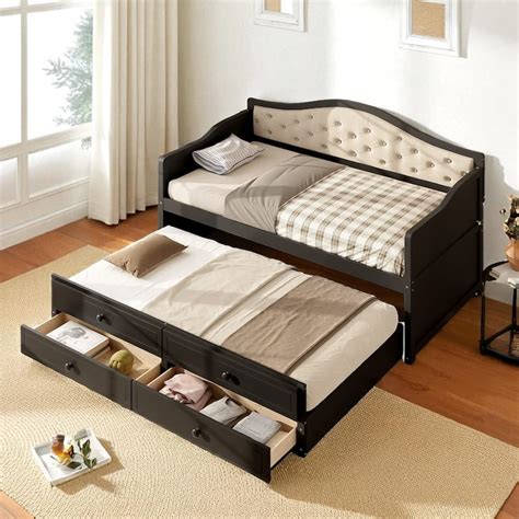Twin Daybed With Trundle And 2 Storage Drawers Upholstered Button