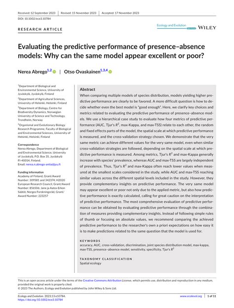 Pdf Evaluating The Predictive Performance Of Presence Absence Models Why Can The Same Model