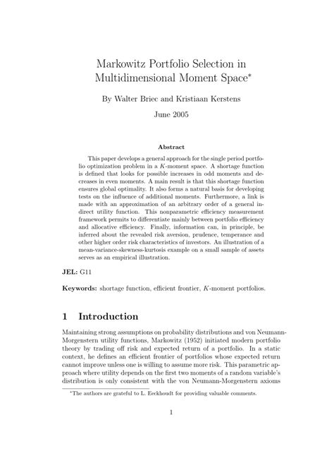 Pdf Markowitz Portfolio Selection In Multidimensional Moment Space