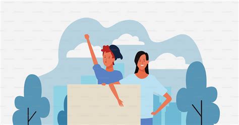 만화 남자와 여자는 하얀 배경 화려한 디자인 위에 공원에서 빈 포스터로 항의한다 벡터 그림 벡터 Unsplash의 사업 이미지