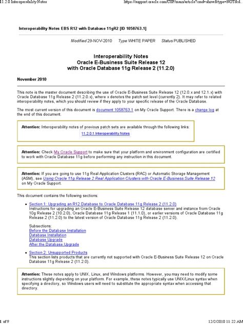 Id 10587631 Interoperability Notes Ebs R12 With Database 11gr2 29 Nov 21010 Pdf Databases