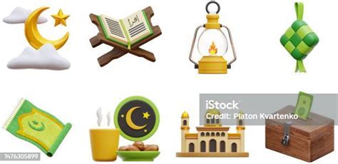 3d 라마단 세트 알 꾸란 랜턴 Ketupat 달 초승달 기도 깔개 자선 상자 모스크 이프타르 시차 이슬람 종교 예배 금식 Ux Ui 웹 디자인 요소 3d 렌더링 그림 0