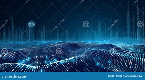 Abstract Digital Landscape With Blue Neon Light Particles And Binary Code Stock Illustration