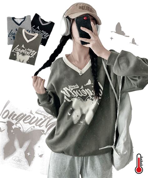 기모🌡️ 버터플라잉 Y2k 빈티지 프린팅 기모 루즈핏 배색 브이넥 맨투맨 에이블리