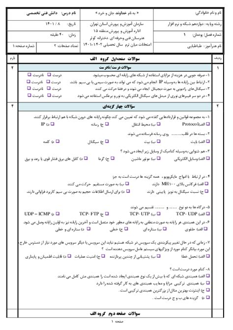 سوالات امتحان دانش فنی تخصصی دوازدهم رشته شبکه و نرم افزار هنرستان کوثر پودمان 1 دسته بندی و