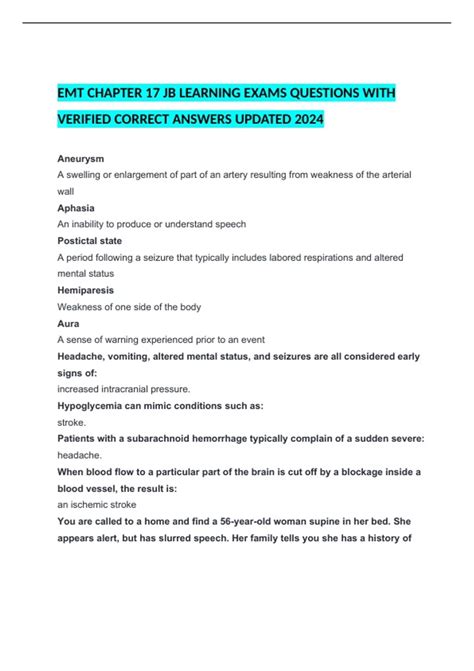 EMT CHAPTER JB LEARNING EXAMS QUESTIONS WITH VERIFIED CORRECT ANSWERS UPDATED EMT