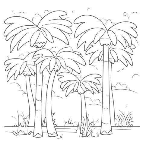 Tropical Forest With Palm Trees Coloring Page Outline Sketch Drawing Vector Palm Tree Drawing