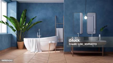 고급 스러운 현대적인 욕실 인테리어 디자인 흰색 욕조에 그런 지 어두운 파란색 벽 3d 렌더링 화장실 건축물에 대한 스톡 사진 및 기타 이미지 Istock