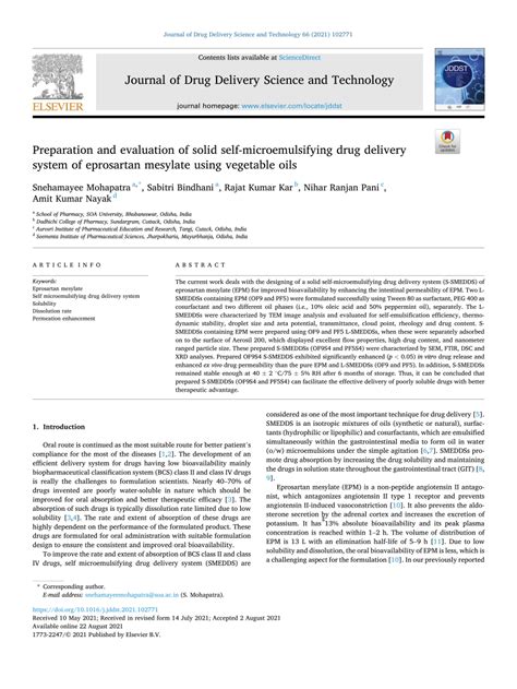 Pdf Preparation And Evaluation Of Solid Self Microemulsifying Drug Delivery System Of