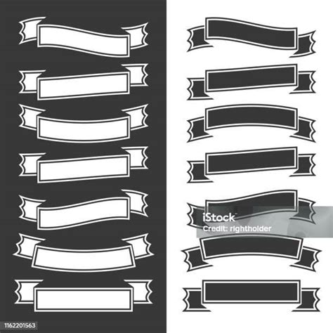 흰색과 검은 색 배경에 평면 고립 된 흑백 리본과 배너의 집합입니다 간단한 플랫 벡터 그림입니다 텍스트에 대한 장소 인포 그래픽 디자인 광고 축제에 적합합니다 0명에 대한