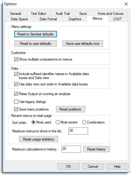 Options Menus • Genstat Knowledge Base 2024