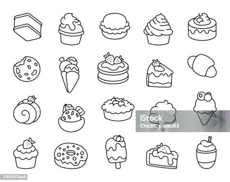 과자와 디저트는 창의적인 프로젝트를 위해 맛있는 케이크 컵케이크 쿠키 아이스크림 도넛 마카롱 크루아상 파이 팬케이크 밀크셰이크 페이스트리의 일러스트레이션을 보여줍니다 가지
