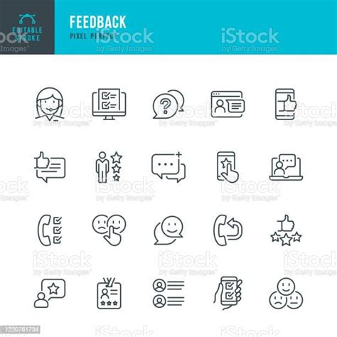 피드백 가는 선 벡터 아이콘 세트입니다 픽셀 완벽 편집 가능한 스트로크입니다 이 세트에는 설문지 피드백 지원 엄지 손가락 평가 만족도 아이콘이 포함되어 있습니다 아이콘에