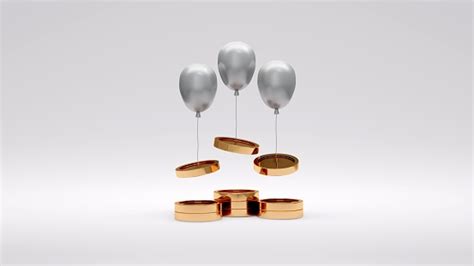 3d 렌더링 개념의 돈 인플레이션 개념 돈 지출 동전은 배경에 고립 된 풍선에 의해 제기됩니다 3d 렌더링 3d 그림 성장