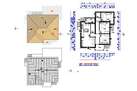 Single Story House Plan And Roof Detail 2d View Cad Block Layout