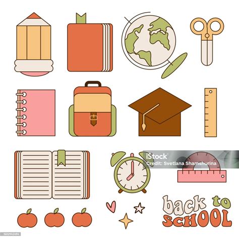 학교 문구류 요소 집합입니다 등고선 플랫 벡터 그림입니다 가방에 대한 스톡 벡터 아트 및 기타 이미지 가방 가위 개체 그룹 Istock