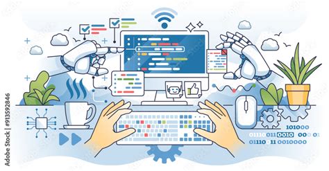 Ai For Coding And Software Developing Automation Outline Hands Concept