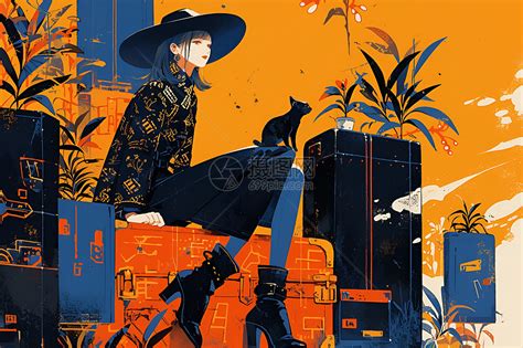 坐在行李箱上的女孩插画图片下载 正版图片601127364 摄图网