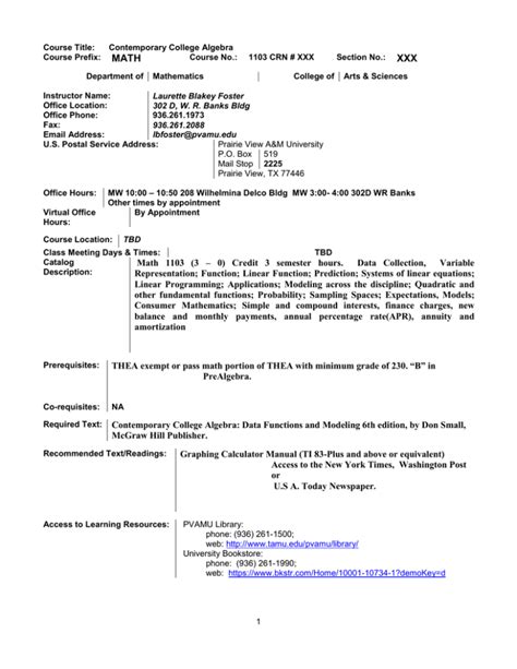 College Algebra Syllabus Data Functions Modeling