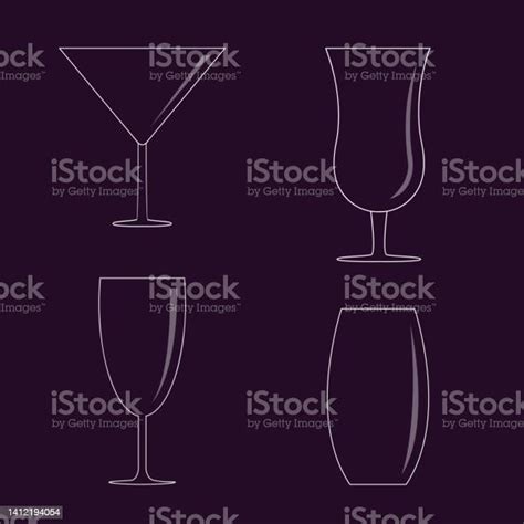 칵테일 유리 아이콘 세트 칵테일이있는 다양한 종류의 안경 알코올 음료 라인 아트 빈 크리스탈 안경 모양 마르티니 와인 샴페인