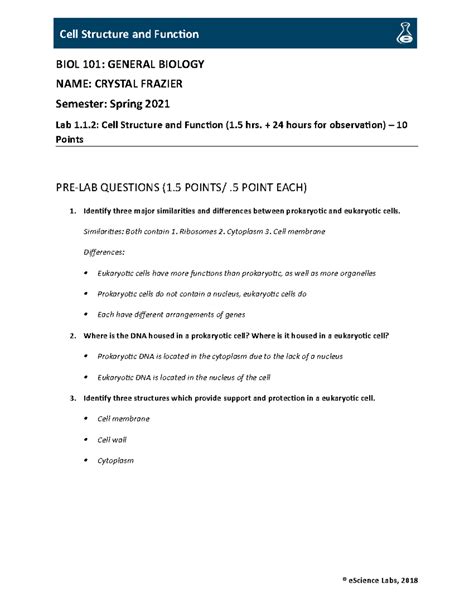 E Science Lab 112 Cell Struct And Funct C Biol 101 General Biology