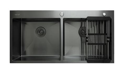 ซิงค์ล้างจานเคลือบ Pvd หนาพิเศษ สีดำ 2 หลุม Luckyflame