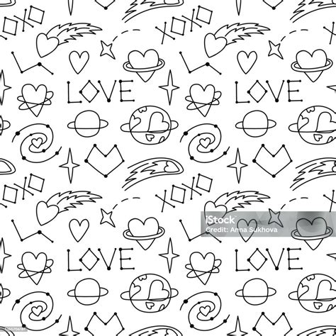 우주 배경 매끄러운 낙서 스타일의 패턴 행성 별 별자리와 윤곽 그림을 사랑해요 직물 벽지에 대한 인쇄 샘플 검은색에 대한 스톡 벡터 아트 및 기타 이미지 Istock