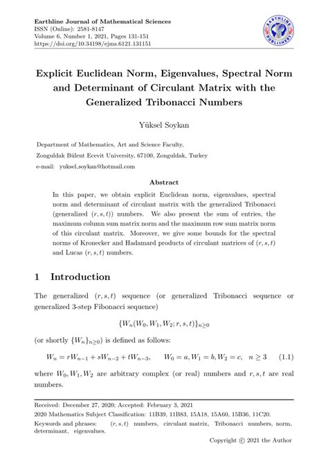 Pdf Explicit Euclidean Norm Eigenvalues Spectral Norm And Determinant Of Circulant Matrix
