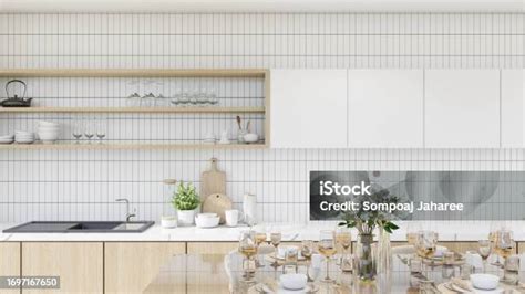 현대적인 주방 인테리어 현대적인 미니멀리스트 스타일 대형 흰색 대리석 조리대 접시 그릇 도자기 투명 유리 싱크대 붙박이 가구 목재 캐비닛3d 렌더링이 있는 나무 카운터