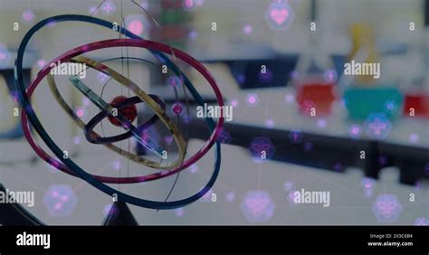Image Of Network Of Connection With Interface Icons Over Model Of Atom