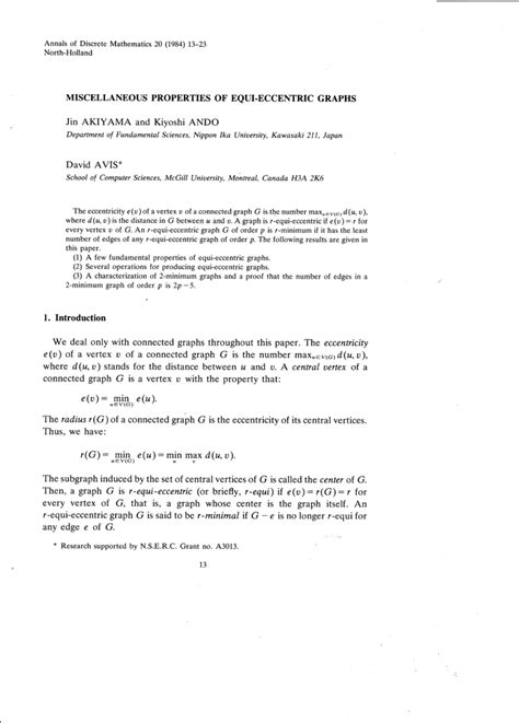 Pdf Miscellaneous Properties Of Equi Eccentric Graphs Applied Combinatorial Theory And