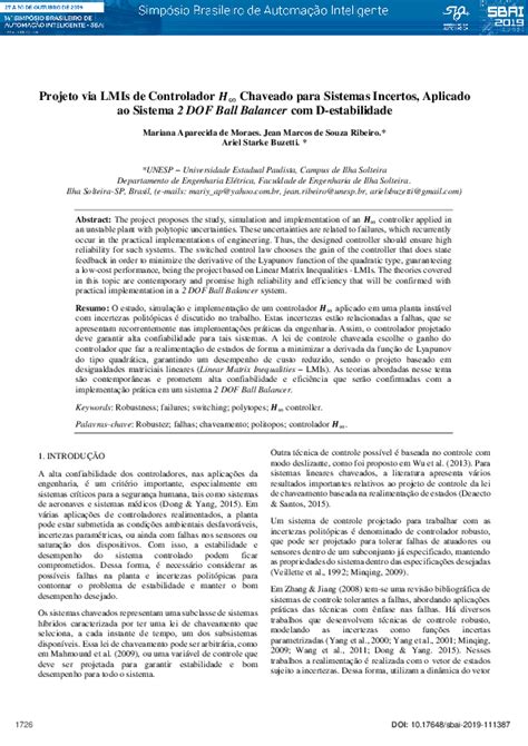 Pdf Projeto Via Lmis De Controlador H∞ Chaveado Para Sistemas Incertos Aplicado Ao Sistema 2
