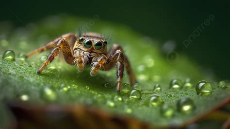 물방울이 있는 녹색 잎에 앉아 있는 작은 거미 아기 거미 고화질 사진 사진 곤충 배경 일러스트 및 사진 무료 다운로드 Pngtree