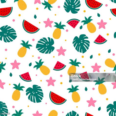 수박 파인애플 야자수 잎이 있는 여름의 매끄러운 패턴 계절 별 벡터 배경입니다 포스터 카드 배너 전단지 스티커 직물 옷으로 템플릿을 쉽게 편집할 수 있습니다 감정에 대한