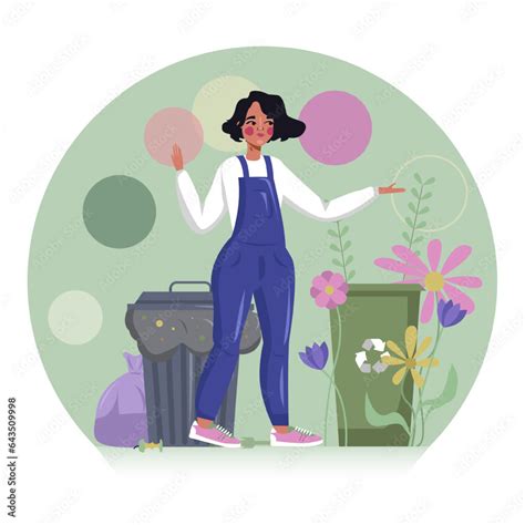 Lady In Uniform Standing Near Two Different Containers For Waste Difference Between Waste