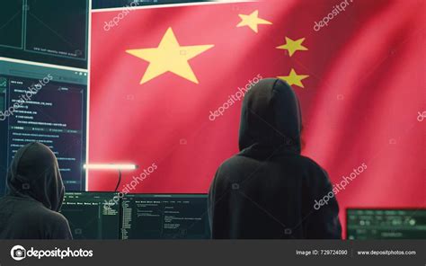 Governmental Hacker High Tech Office Chinese Flag Shown Big Screen